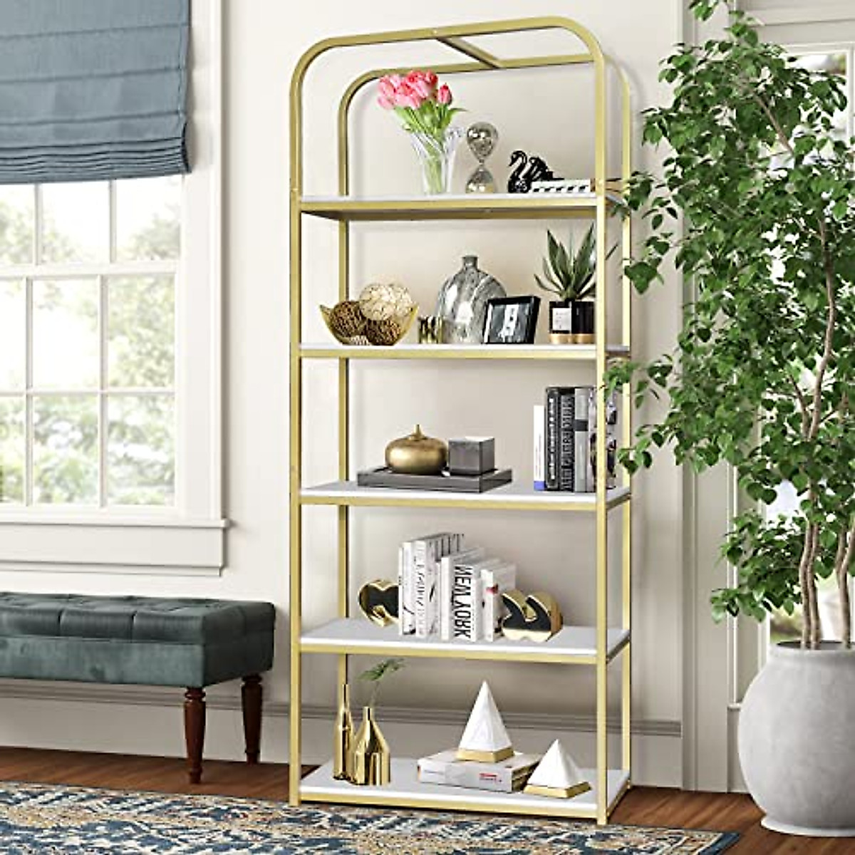 TooCust 5-Tier Gold Bookcase, 29.5" Lx70.6 H, Bookshelf for Bedroom,Gold Book Display Shelf, Arched Bookcase, Organizer Rack for Living Room, Gold Freestanding Display Shelf,White and Gold Bookshelf