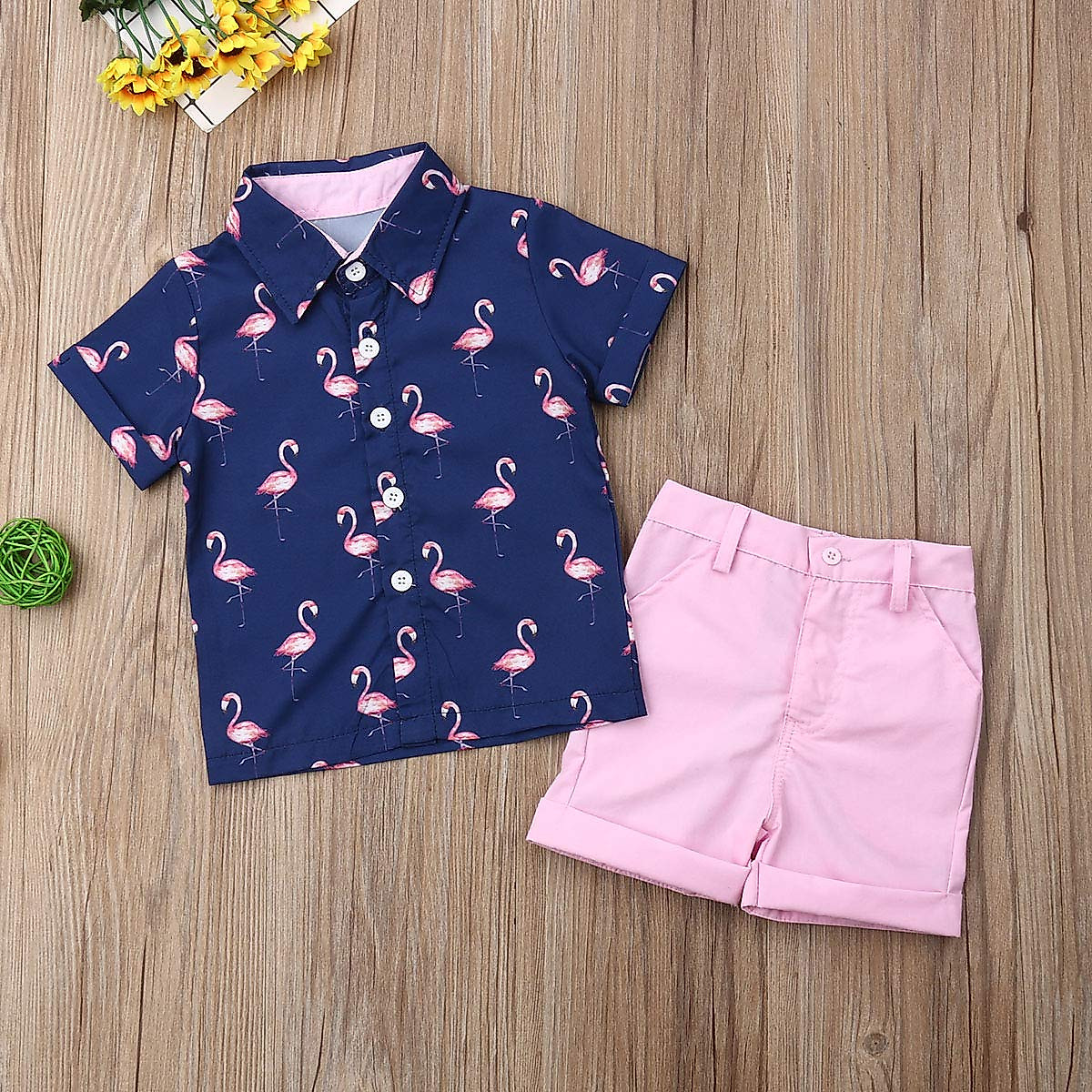 VISGOGO Toddler Baby Boy Flamingo Short Sleeve Button Down Shirt & Casual Shorts Set Summer Outfits 1-6 Years Clothes