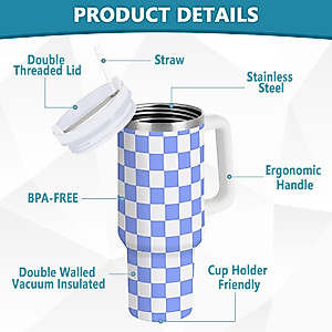 Blue White Checkered 40 oz Tumbler with Handle and Straw Lid, Insulated Coffee Cup Reusable Stainless Steel Water Bottle Travel Mug Cupholder Friendly,Gifts for Women Men