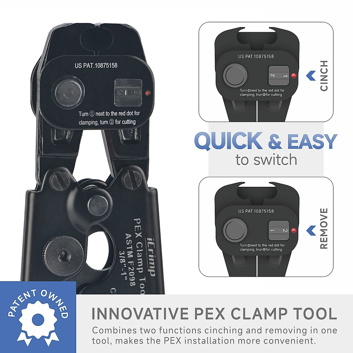 iCRIMP Ratchet PEX Cinch&Remove Tool for 3/8 to 1-inch Stainless Steel Clamps-work with ASTM F2098 and Non 2098 Single Ear Hose Clamps