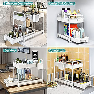 2 Pack Under Sink Organizer- Stackable 2 Tier Bathroom Storage Organizers and Storage with Hanging Cup and Hooks, White Under Sink Shelf Rack for Bathroom Kitchen Countertop Office Cabinets,White