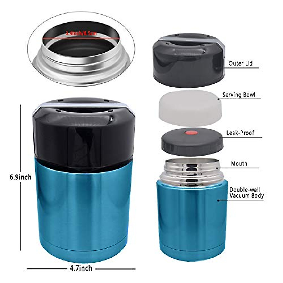 Food Jar Wide Mouth for Hot Food,304 Stainless Steel Leak Proof Double Wall Vacuum Insulated Soup Container with Handle Lid,27 oz BPA Free Thermos Lunch Box (Blue)