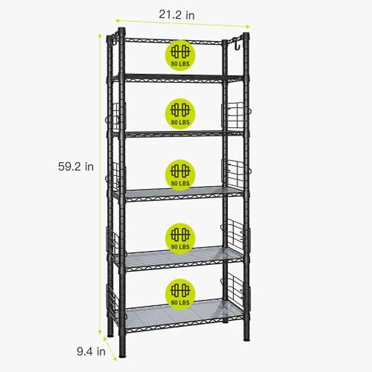 FUTASSI 5 Tiers Standing Shelf Units, Free-Standing Metal Narrow Bookshelf and Bookcase, Metal Storage Shelves for Garage, Kitchen, Bathroom, Balcony and Living Room, 21.2”W x 9.4”D x 59.2”H, Black