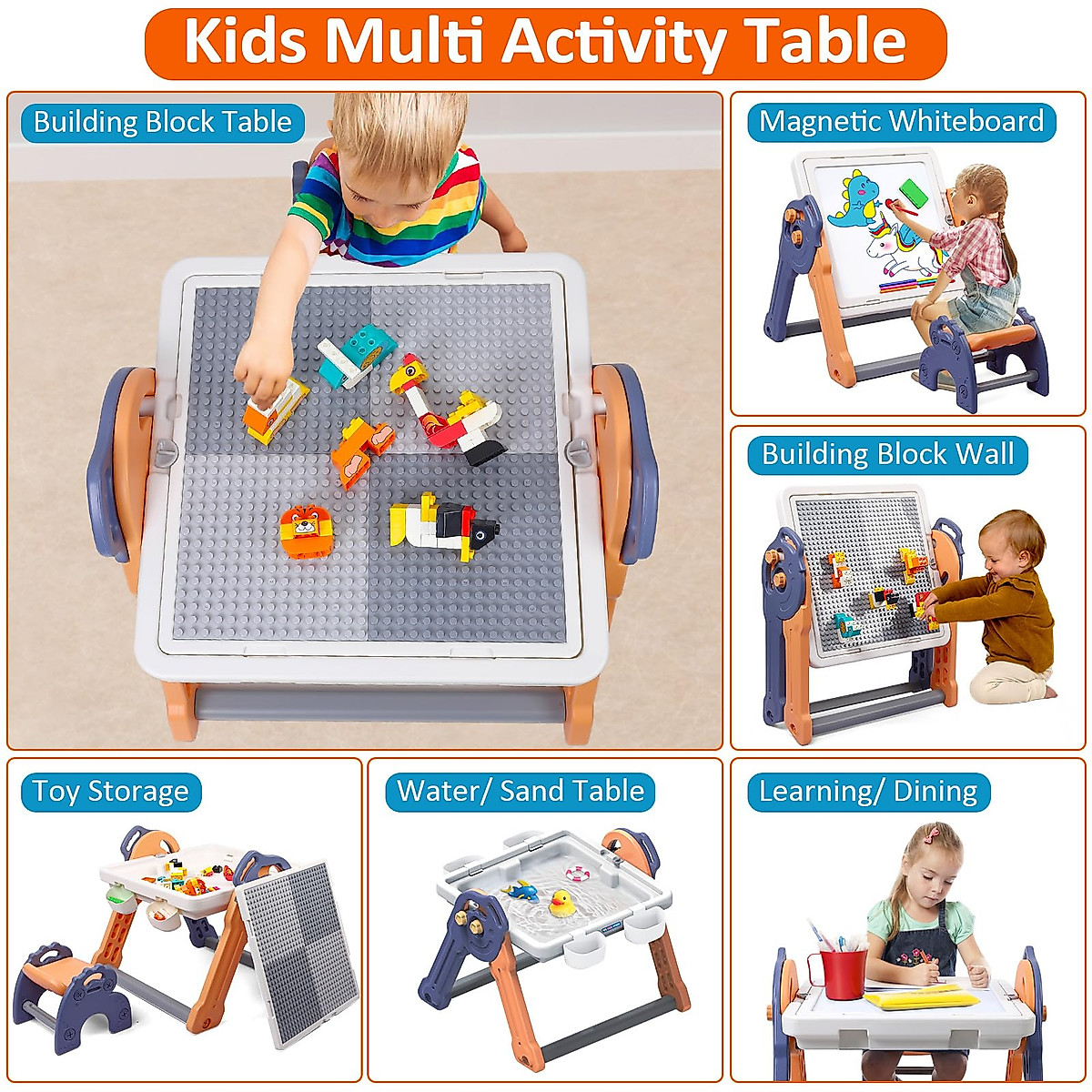 GarveeHome 8 in 1 Kids Table and Chair Set, Foldable Toddler Table and Chair Set for Kids Ages 3-10, Activity Table for Building Blocks, Drawing, Reading, Dining