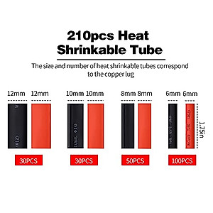 170pcs Battery Cable Closed End and 210pcs Heat Shrink Tubing, Copper Battery Cable Ends for Automotive Supplies AWG 4, AWG 6, AWG 8, AWG 10, AWG 12