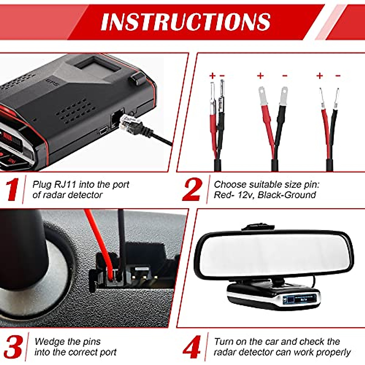 Hydencamm Upgraded Mirror Plug Wire Tap Radar Detector Hardwire Power Cord Kit 16" for Escort Valentine One Uniden Beltronics, Mount RJ11 with Braided Set of 3