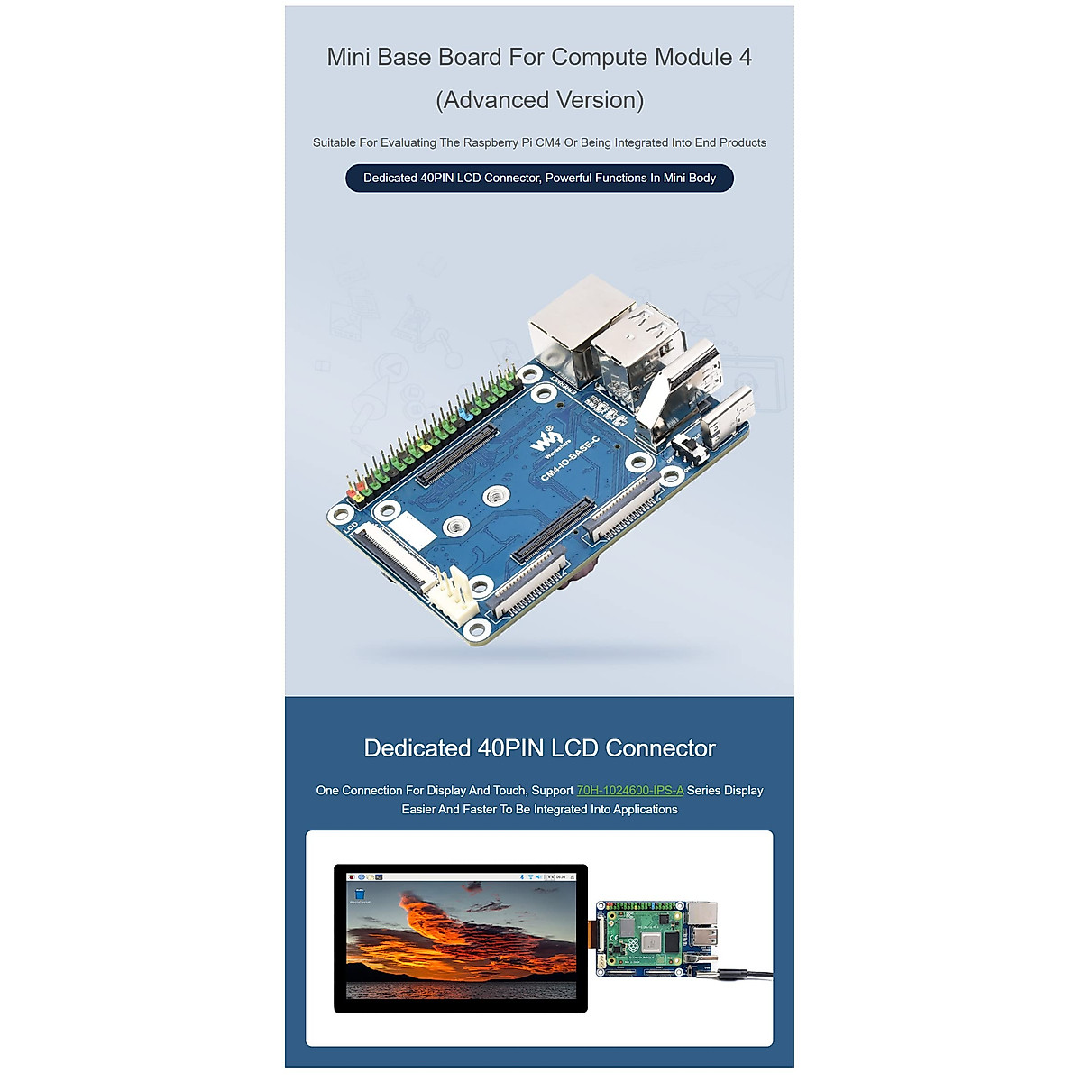 Mini Base Board (C) for Raspberry Pi Compute Module 4 (CM4), 40PIN LCD Connector, Gigabit Ethernet RJ45 Interface