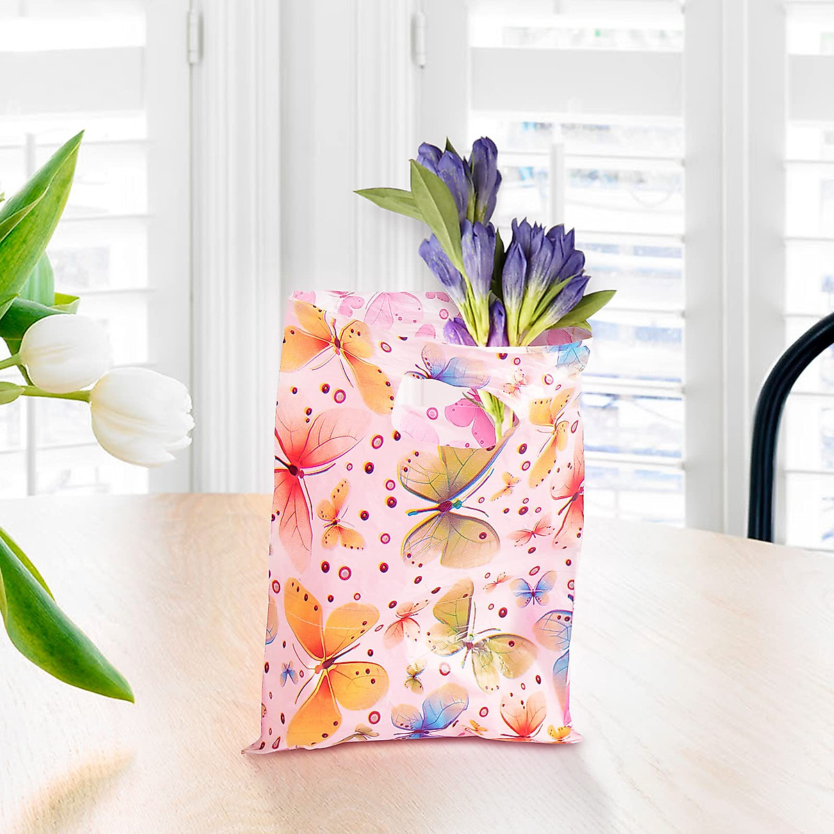 NUOMI Butterfly Plastic Merchandise Bags with Die Cut Handle 100 Pcs Glossy Retail Bags for Shopping, Gifts Wrapping, Goodies, Party Favors, Birthdays