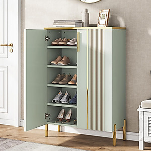 Tribesigns Shoe Cabinet with Doors, 6-Tier Shoe Storage Cabinet with Adjustable Shelves, Wooden Shoes Rack Shoe Storage Organizer for Entryway, Hallway, Closet, Living Room, Light Green