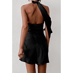 Cantonwalker Women's Cowl Neck Halterneck Slip On Backless Satin Mini Dress Sexy Silky Party Club Bodycon Dresses 0213 (S, Black Satin Dress)