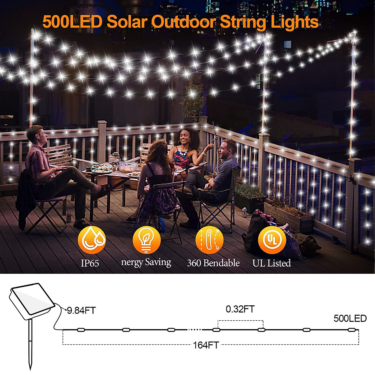 Solar String Lights Outdoor Waterproof, 500 LED 164FT Solar Fairy Lights Christmas Decoration Lights 8 Modes Timer Patio Lights for Xmas Tree Garden Yard Wedding Holiday Party Camping(Cool White)
