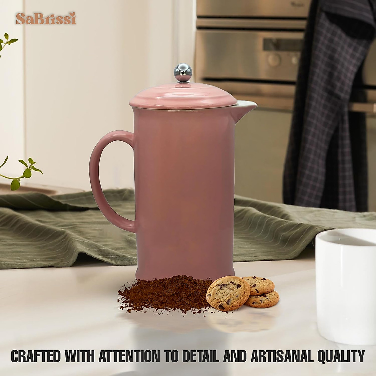 French Press Coffee Maker Stoneware Vintage Cafetiere 34 Ounces Insulated Heat Retention Dishwasher Safe (Pink)