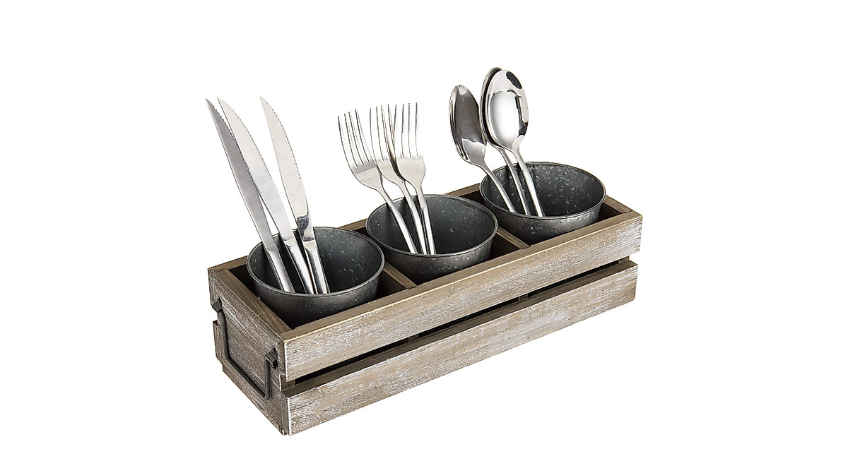 Rustic Brown Wood Utensil Holder with Metal Buckets | Kitchen Organizer