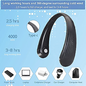 MQFORU Portable Neck Fan, Hands Free Bladeless Personal Fans - 3 Speeds, 64Air Outlet, Up to 8Hrs Use Time, 360°Cooling USB Rechargeable Wearable Fan for Office Camping Sports Travel (Black)