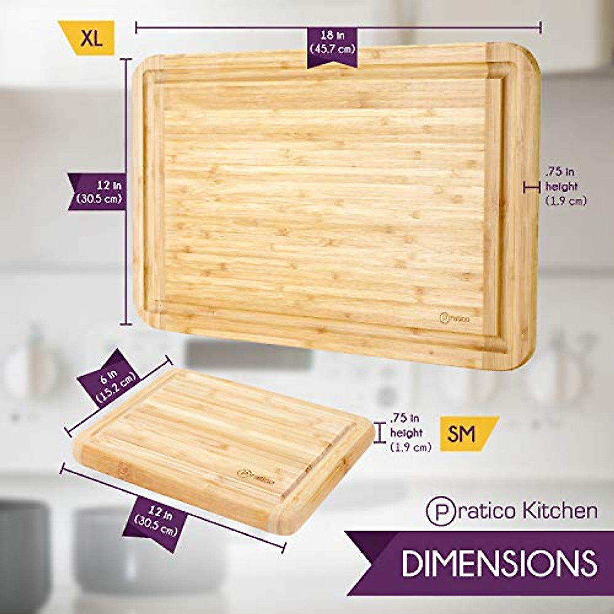 Pratico Kitchen Bamboo Cutting Board and Serving Tray with Juice Groove Set, 18 x 12 and 8 x 6 inch Boards