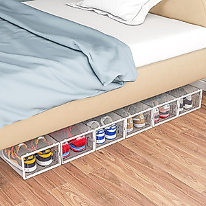 12 Pack Shoe Organizer Storage Bins, Clear Plastic Stackable Shoe Boxes for Closet, Space Saving Foldable Shoe Storage Bins, Sneaker Storage Shoe Box Container, White Frame