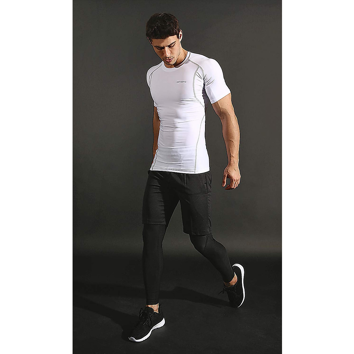 DEVOPS 3 Pack Men's Cool Dry Short Sleeve Compression Shirts, Sports Baselayer T-Shirts Tops, Athletic Workout Shirt (Large, White/White/White)