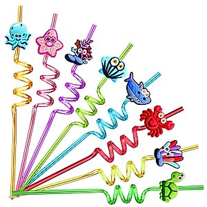 24 Under the Sea Party Favors Sea Creature Animal Drinking Straws Goodie Gifts for Kids Ocean Birthday Party Supplies, Under the Sea Party Supplies with 2 PCS Cleaning Brushes