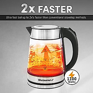 Elite Gourmet EKT-602 Electric 1.7L BPA Free Glass Kettle Cordless 360° Base, Stylish Blue LED Interior, Handy Auto Shut-Off Function – Quickly Boil Water For Tea & More, Stainless Steel