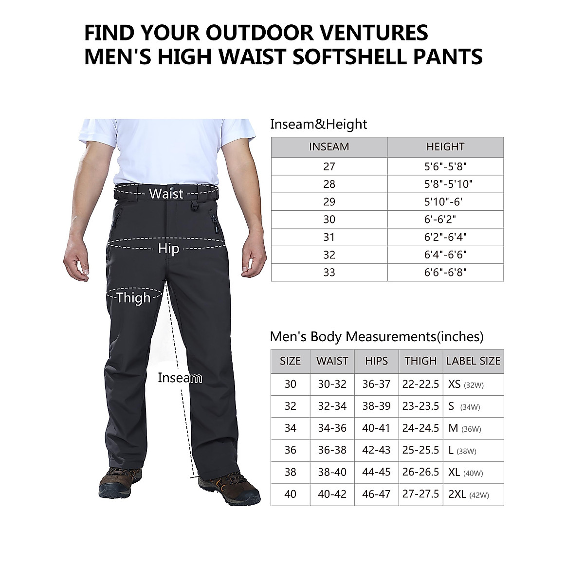 Outdoor Ventures Men's Lite Waterproof Windproof Fleece Lined Warm Hiking Ski Snow Pants Expandable-Waist Black