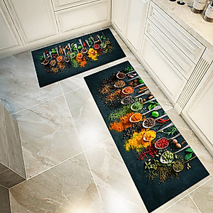 GUBIYU Cooking Herbs Spices Kitchen Rugs Kitchen Mat Bath Rug Floor Door Mats Non Slip Doormat Soft Runner Carpet Home Decor Chili Pepper Decorations Mats for Kitchen Floor 17.7X29.5+17.7X59 Inches