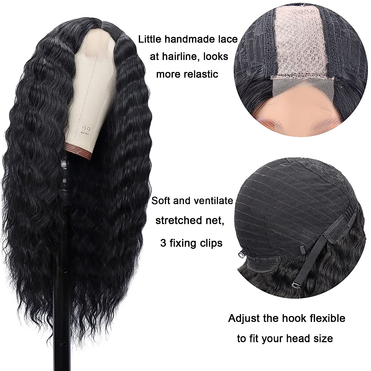 Mairead 28 Inch Long Curly Synthetic Wigs for Black Women Skunk Stripe Wig Side Part Loose Deep Wave Wig Small Lace Front Wigs Natural Looking Crimps Curls Wig