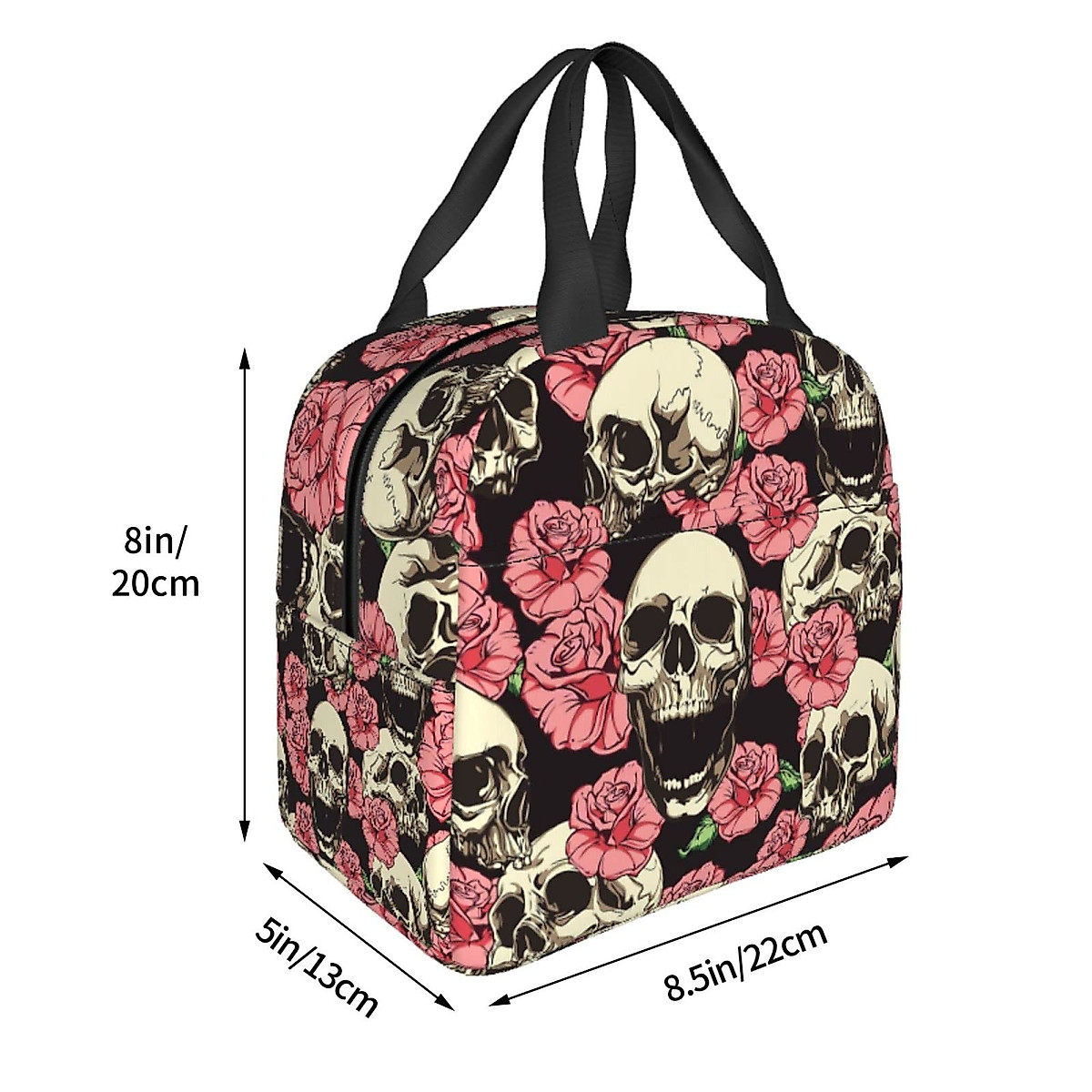 Skull Lunch Bag Box Tote Pink Rose Flowers Organizer Lunch Container Black Insulated Zipper Meal Prep Cooler Handbag For Women Men Home School Office Outdoor Gift