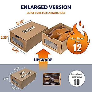 WALL QMER Shoes Box, 12 Pack, Big Size(13.8 x 9.3 x 5.3in), Waterproof Cardboard, Heavy Duty, Stackable, Stable Storage Boxes, with Marking Labels, Transparent Window