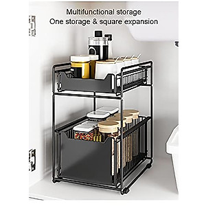 LEAYAN Under Sink Storage 2 Tier Cabinet Rack Under Sink Shelf,Under Sink with Sliding Drawer,Under Sink Organizer Removable,for Kitchen and Bathroom Under Sink Rack Shelf, White 37.5 * 28 * 43.5cm