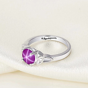 HRG Pink Star Sapphire Ring 6mm Round Cabochon Ring Wedding Ring Ring 925 Sterling Silver Ring (Sterling Silver, 8)