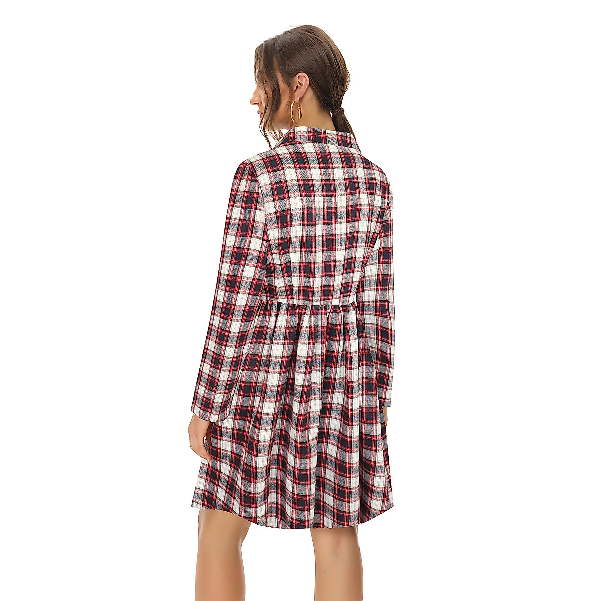 FANCYINN Women's Gingham Stand Collar Shirt Dress Button Up Casual Round Up Long Sleeve Mini Plaid Shirt Dresses Christmas Red and Black XL