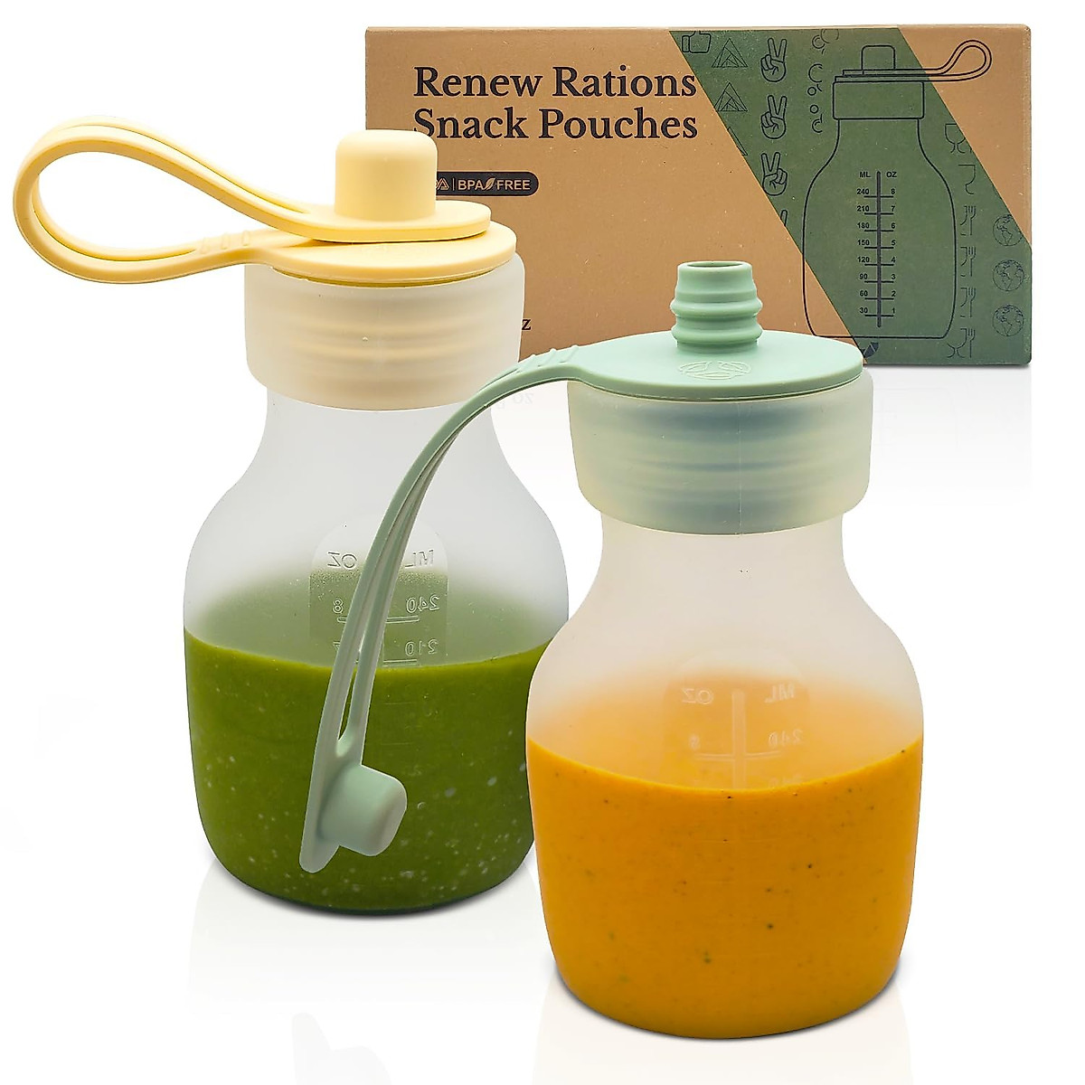 Renew Rations Silicone Reusable Pouches for Toddlers, Refillable BPA-Free Baby Food Pouches, Freezer & Dishwasher Safe - Ideal for Baby Food Puree, Applesauce & Smoothies 240 ml / 8 oz - Pack of 2