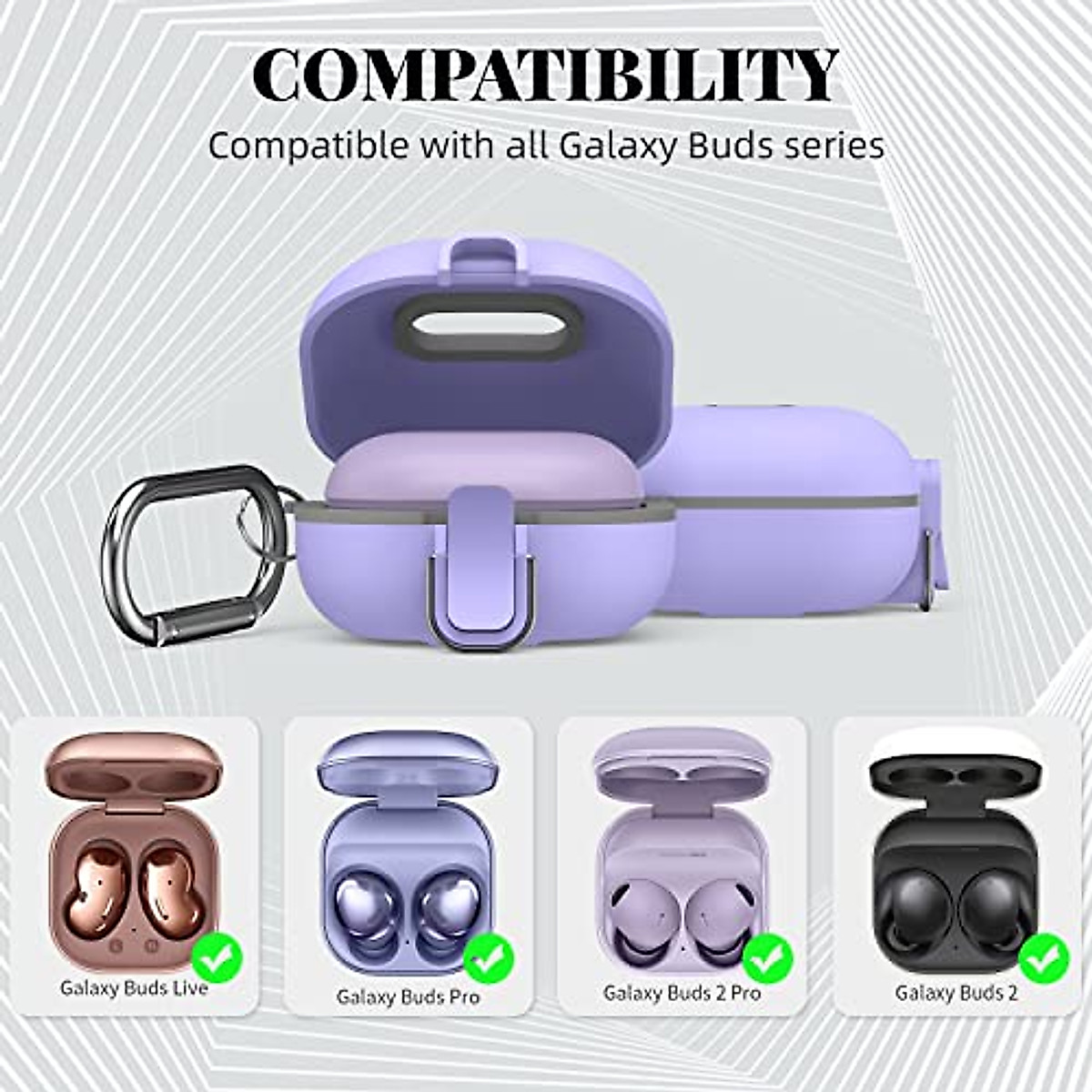 Secure Lock Case for Samsung Galaxy Buds 2 Pro/Galaxy Buds 2/Galaxy Buds Pro/Galaxy Buds Live, WOFRO Shock-Absorbing Protective Cover TPU Hard Shell with Lanyard and Keychain[One-Click pop] (Purple)