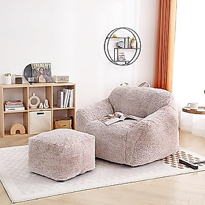 LITA Bean Bag Chair with Ottoman, Fur Faux Armrests Accent Chair High-Density Foam Filled Giant Lazy BeanBag Sofa with Pocket & Foot Stool for Living Room, Bedroom, Coffee