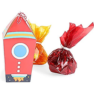 BLUE PANDA Outer Space Birthday Party Favor Boxes, Rocket Ship, Silver Foil (24 Pack)