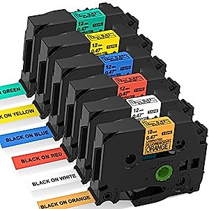 Label KINGDOM Compatible Label Tape Replacement for Brother P Touch TZe Label Tape 12mm 0.47 Inch for PTouch PT D210 H110 D400 Label Maker, Black on White/Orange/Red/Blue/Yellow/Green, 6-Pack