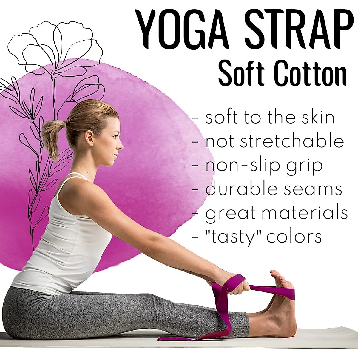 [NEW 2024] TECEUM Yoga & Mat Strap – 2 IN 1 – Cotton – 6 ft 8 ft 10 ft (15+ colors) – Adjustable Non-Slip Belt for Yoga, Pilates, Stretching, Physiotherapy, Fitness & Home Workout – For Carrying Mats