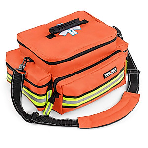 Scherber First Responder Fully-Stocked Professional Essentials EMT/EMS Trauma Kit | HSA/FSA Approved | Reflective Bag w/8 Zippered Pockets & Compartments & 200+ First Aid Supplies - Orange