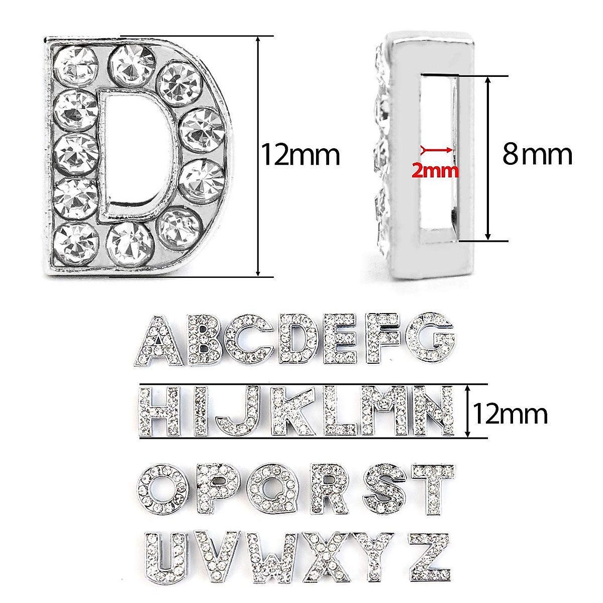 AUEAR, 52 Pack Silver A-Z 8mm Full Rhinestone Slide Crystal Alphabet Alloy Letter Charm for Bracelets Necklace Wristbands DIY Jewelry Making