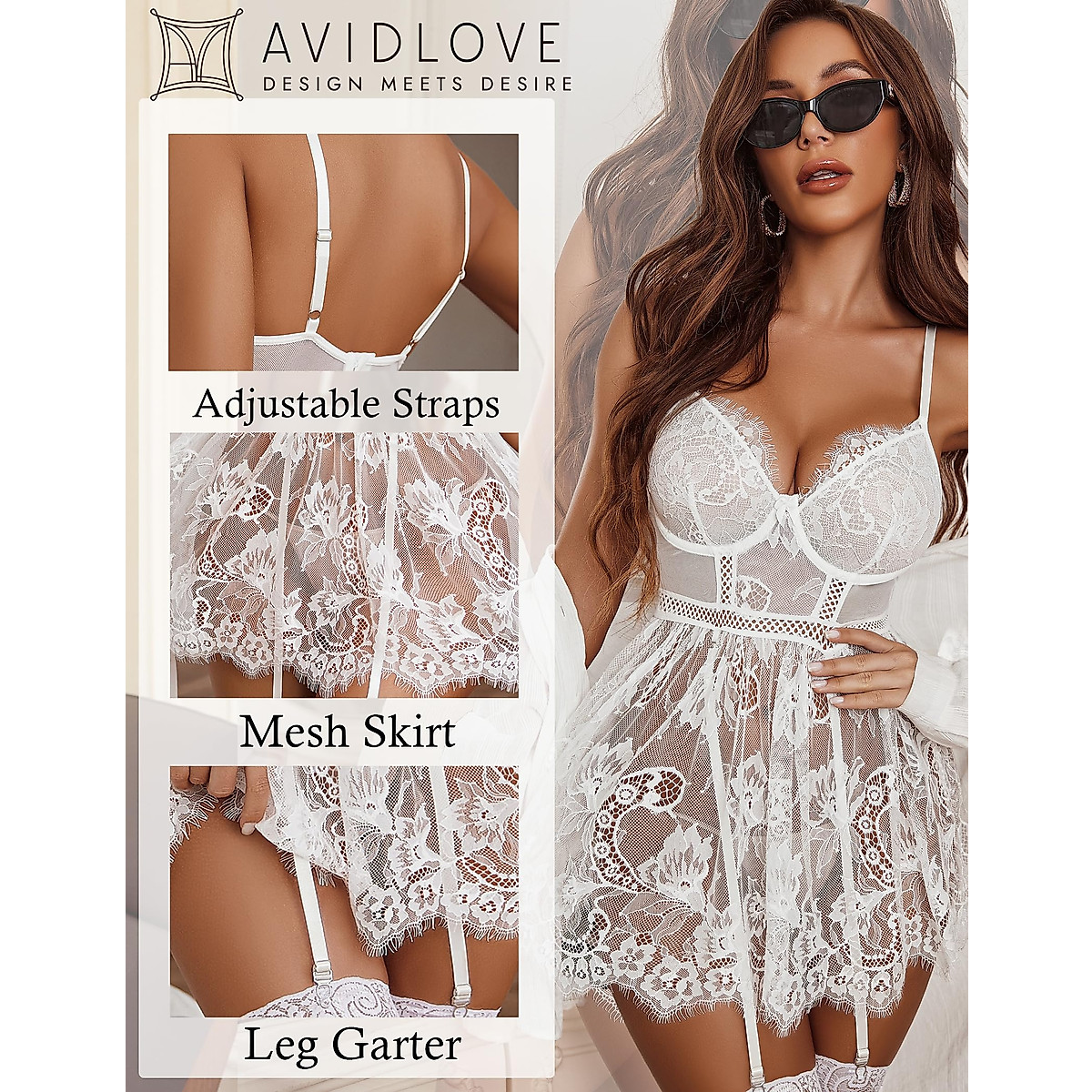Avidlove White Wedding Lingerie for Women Bridal Lace Strappy Dress (White, Large)