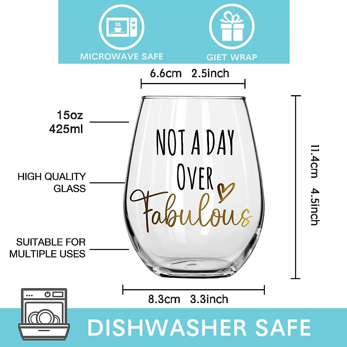 Pokolllee Not A Day Over Fabulous Wine Glass Birthday Gifts for Women, Happy Birthday Gift for Her, Funny Female Wine Glass Gifts for Mom Sister Friends, Christmas Gift for BFF Boss Coworkers Female