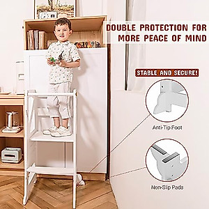Rendpas Toddler Step Stool With Meal Tray, Wooden Kids Learning Tower For Kitchen Helper and Convertible High Chair, Adjustable Bathroom Step Stool With Safety Rail (White)