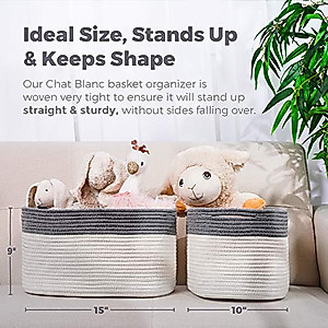 Cotton Rope Basket for Storage | 15"x10"x9" Set of 3 White & Gray Medium Storage Baskets for Organizing with Handles works as Cloth Baskets, Blanket Basket, Big Woven Laundry Basket or Toy Bin like Wicker Laundry Baskets