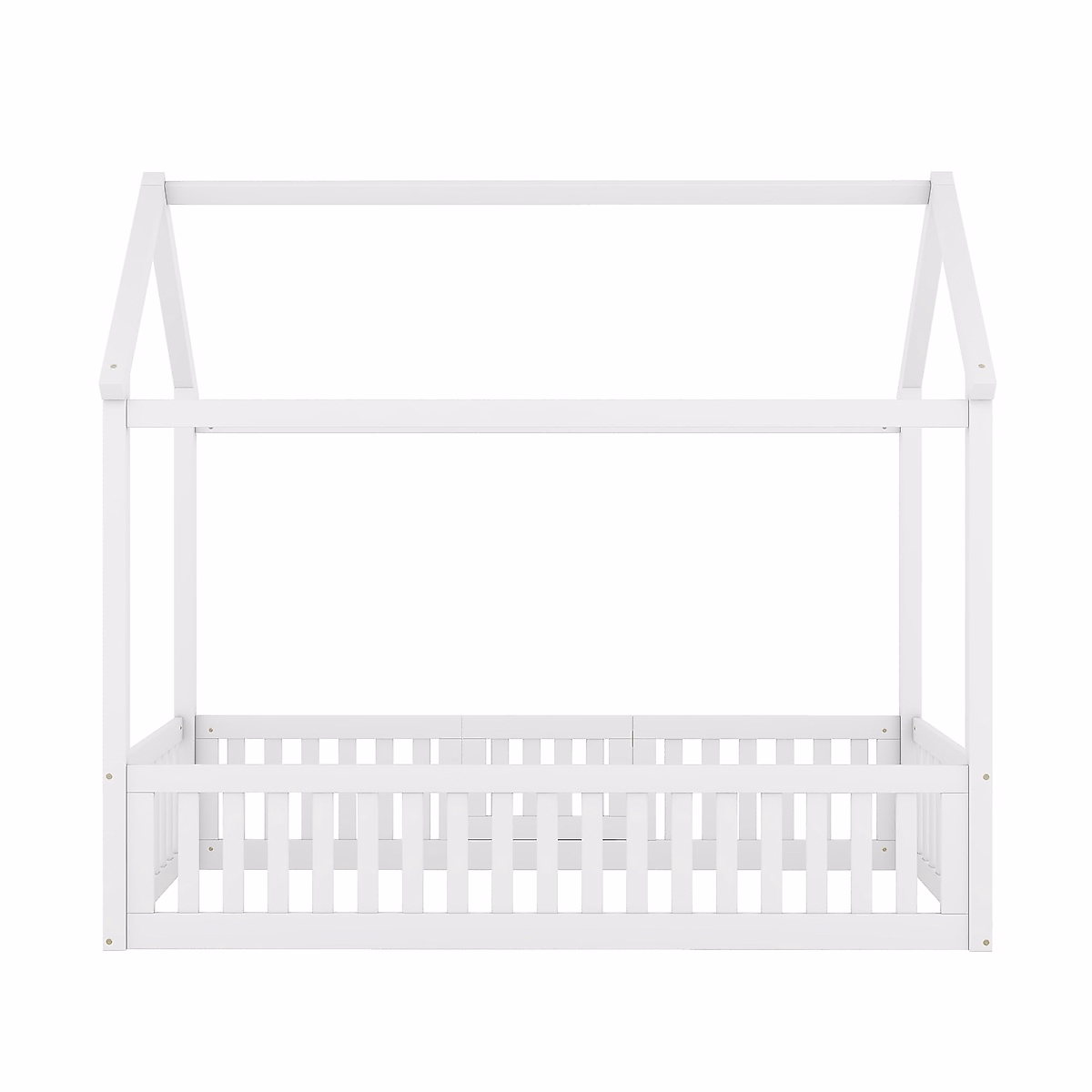 P PURLOVE Twin Size Floor House Bed Frame,Wood Montessori Floor Bed Frame with Fence for Boys,Girls,White