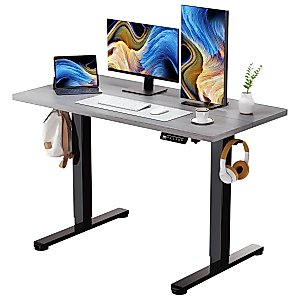 JYLH JOYSEEKER Grey Standing Desk, 48 X 24 Inch Adjustable Height Electric Desk, Sit Stand Desk with 2 Hooks, Ergonomic Rising Desk with Splice Board