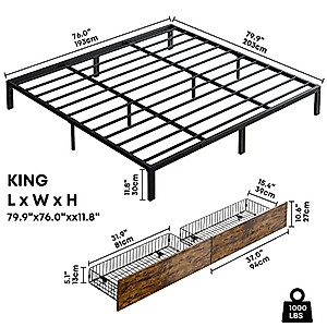 LIKIMIO Bed Frame King, Metal Platform Bed with 2 Industrial Wood Storage Drawers and 12 Strong Steel Slats, No Box Spring Needed/Easy Assembly/Noise-Free/Space-Saving