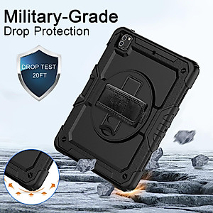 iPad Pro 12.9 inch Case 2022-2018 with 9H Tempered Glass Screen Protector, Ambison iPad pro 12.9 6th/5th/4th/3rd Generation Case Full Body Protective & 360° Rotatable Kickstand & Hand Strap(Black)