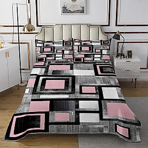 Feelyou Geometric Bedspread Queen Size Kids Geometry Quilted Coverlet for Boys Teens Pink Grey Black Buffalo Check Coverlet Set Breathable Modern Abstract Art Quilted Room Decor