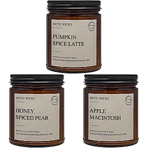 Arctic Wicks 3 Pack Fall Candles Honey Spiced Pear, Pumpkin Spice Latte, Apple Macintosh | Coconut Beeswax Candles | 9oz Amber Jar | Farmhouse Candles Non-Toxic Clean Burn 100% USDA Certified Biobased