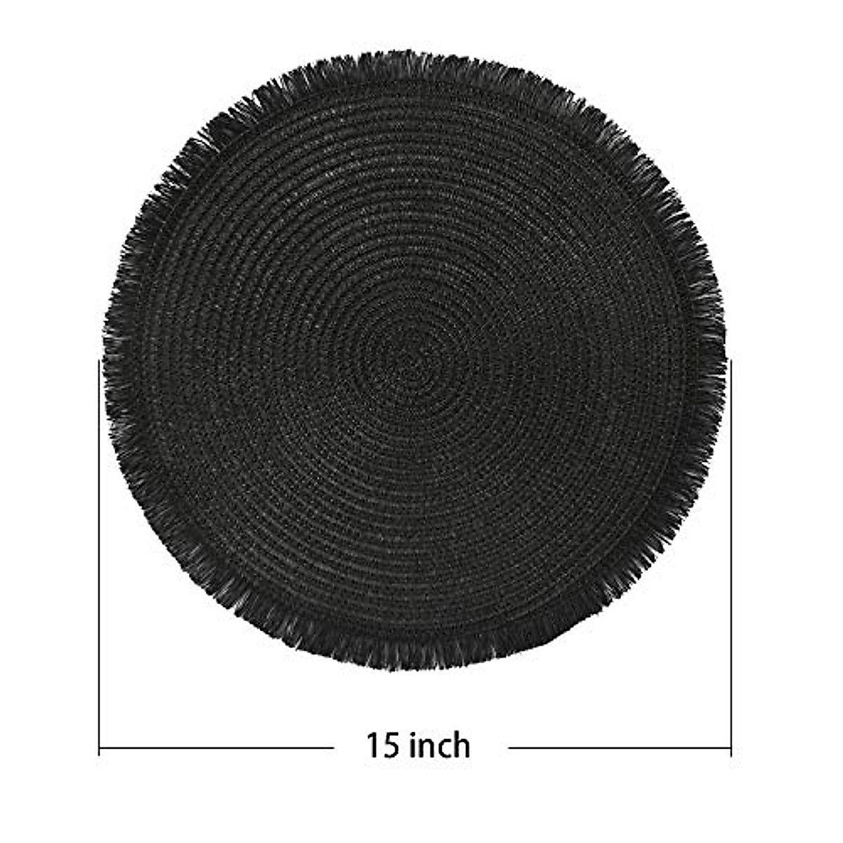 FunWheat Paper Round Braided Placemats Set of 6 for Dining Tables 15 Inch Heat Resistant Table Mats Farmhouse Woven Fabric Natural Place mats for Decoration with Tassel(Black)